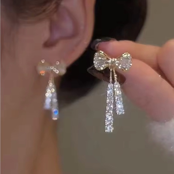 Jewelry | Bling Bow With Tassles Rhinestone Drop Dangle Earrings | Poshmark
